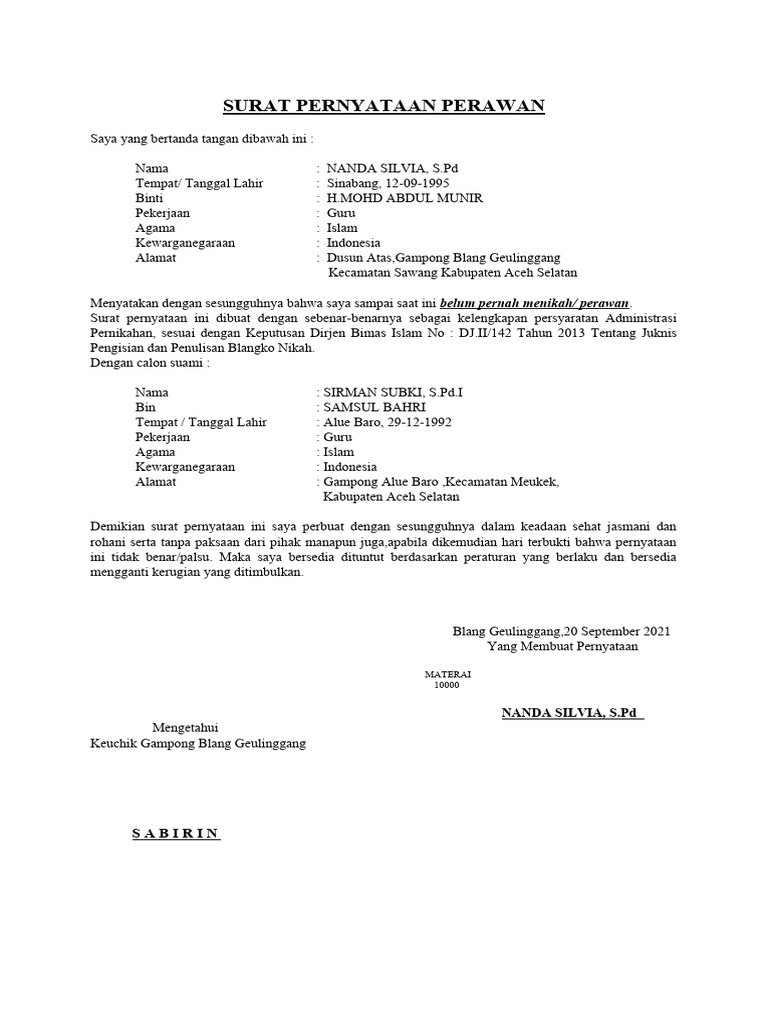Surat Pernyataan Perawan | PDF