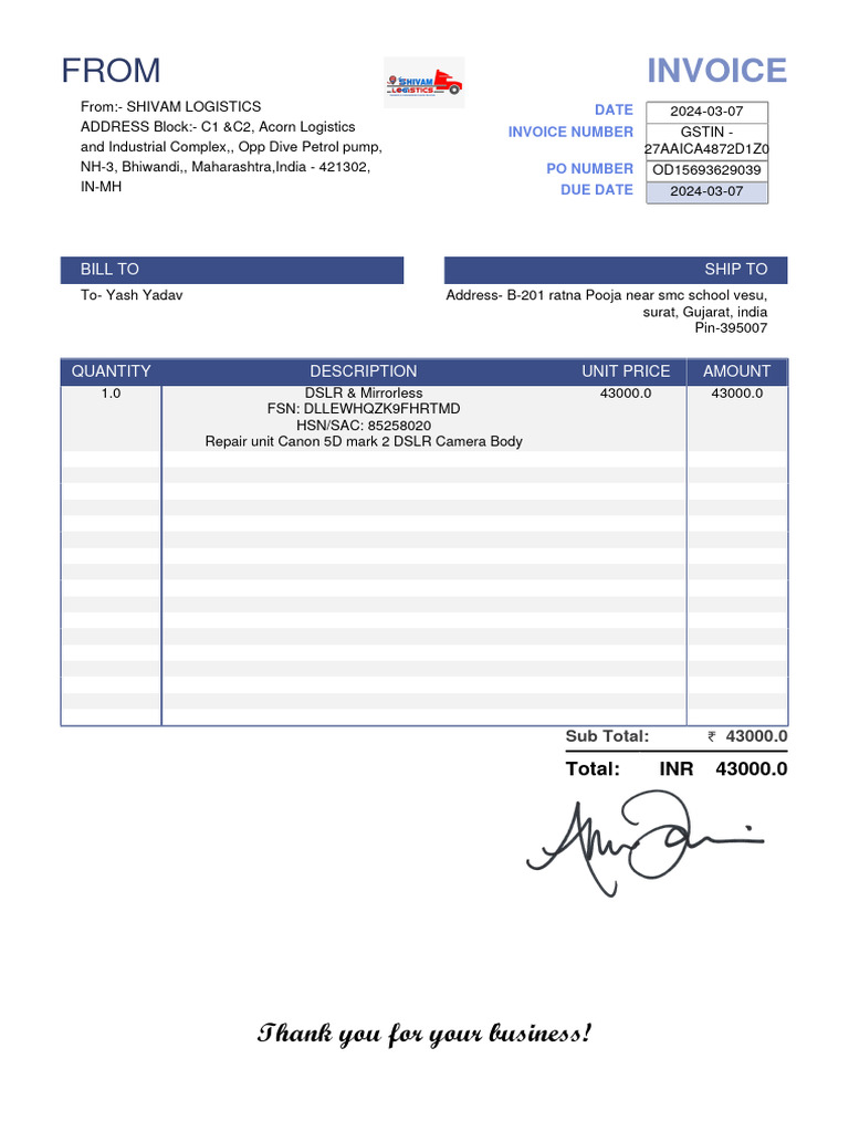 Canon Camera Repair Invoice 85258020 | PDF