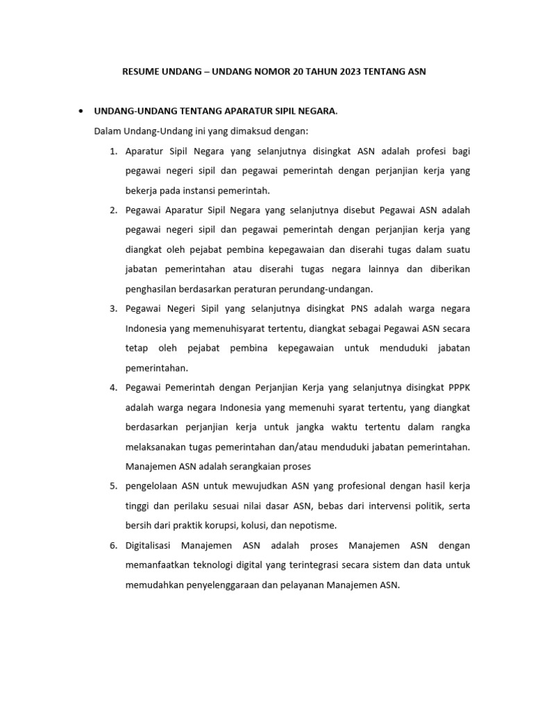 Resume Undang - Undang Nomor 20 Tahun 2023 Tentang Asn | PDF
