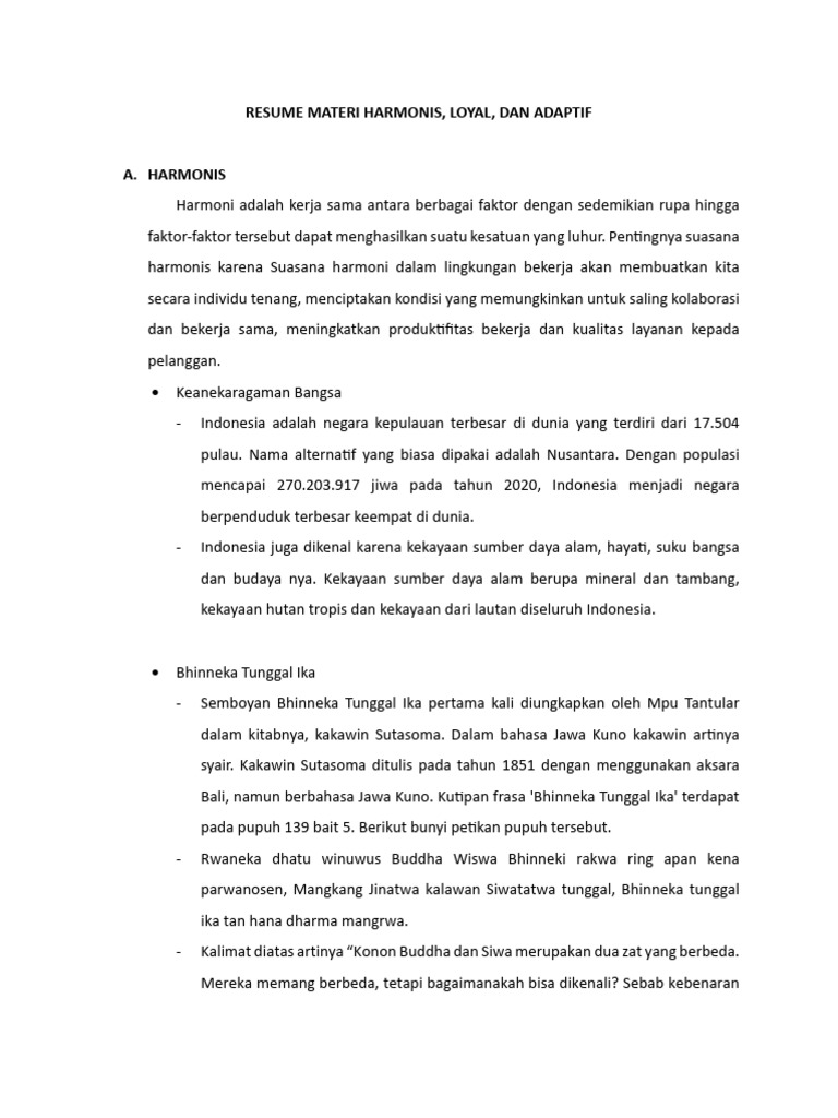 Resume Materi Harmonis, Loyal, Dan Adaptif | PDF