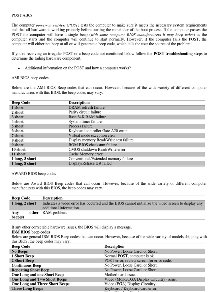 Computer POST or Beep Codes | Download Free PDF | Bios | Booting
