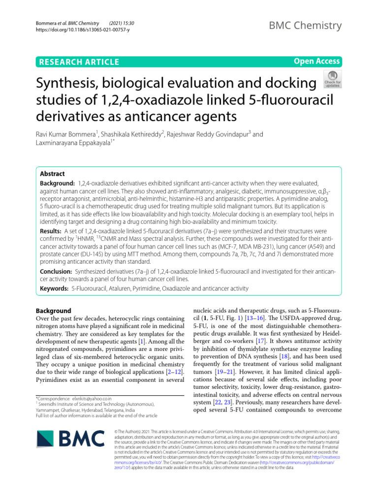 Synthesis, Biological Evaluation and Docking Studies of 1,2,4-Oxadiazole Linked 5-Fluorouracil ...