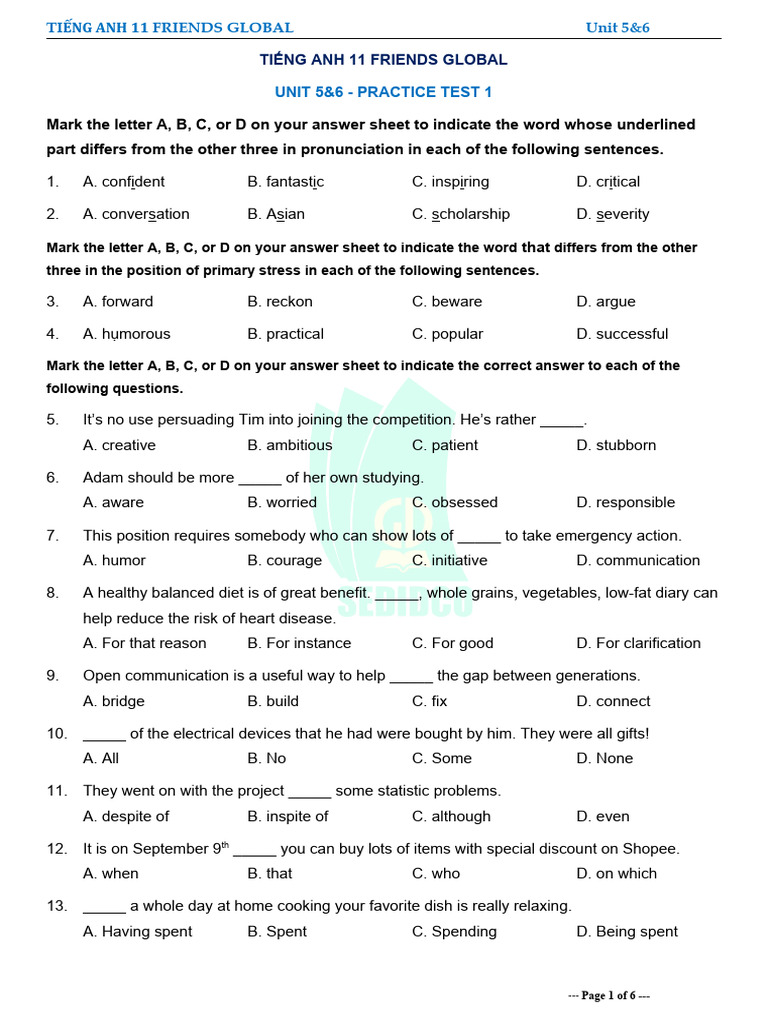 Tieng Anh 11 Friends Global - Unit 5&6 - Test 1 | PDF | Helen Keller