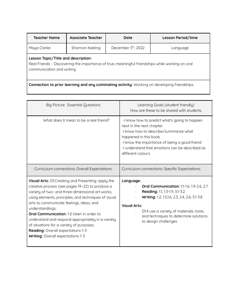 real friends unit plan | PDF | Communication | Learning