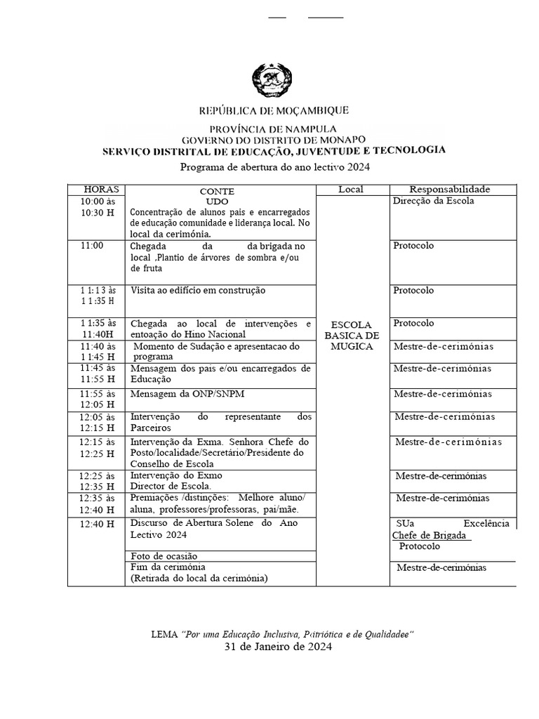 Programa para Abertura Do Ano Lectivo Escolar 2024 | PDF | Bem-estar