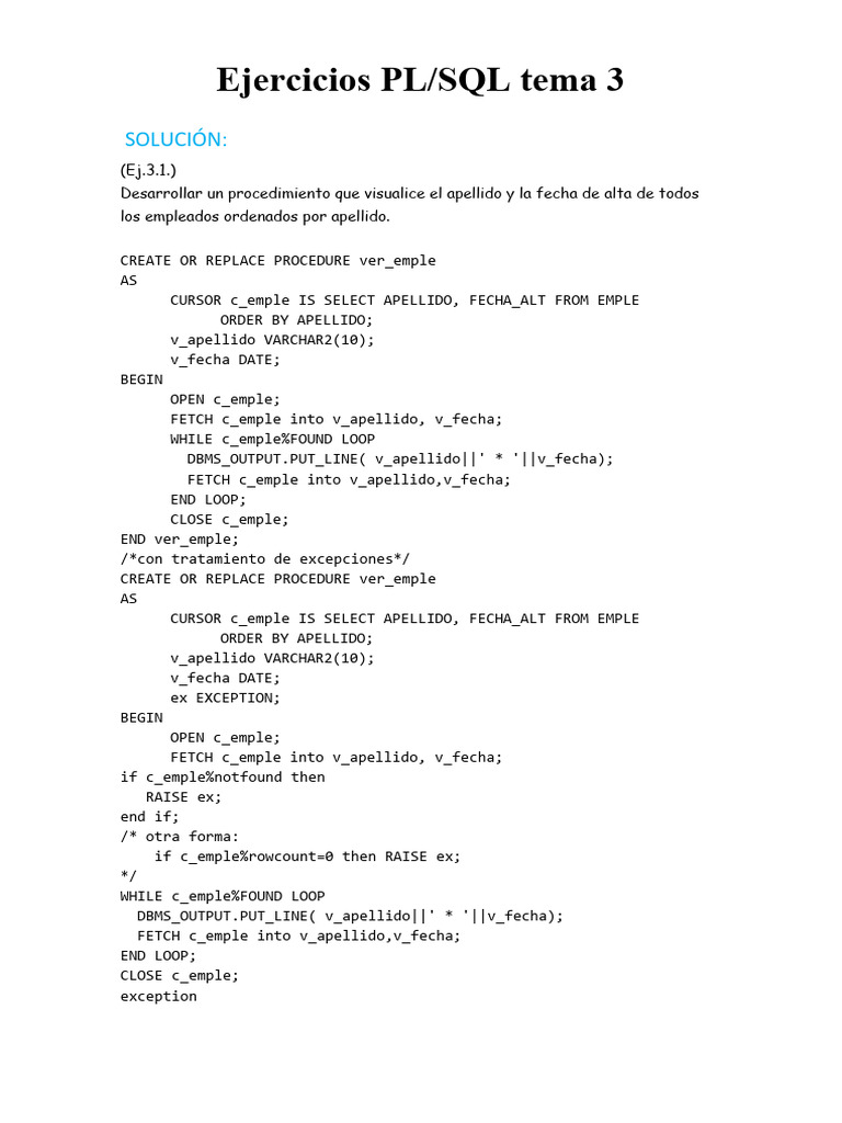 Ejercicios Tema3 PLSQL - SOLUCION | PDF | Pl / Sql | Datos