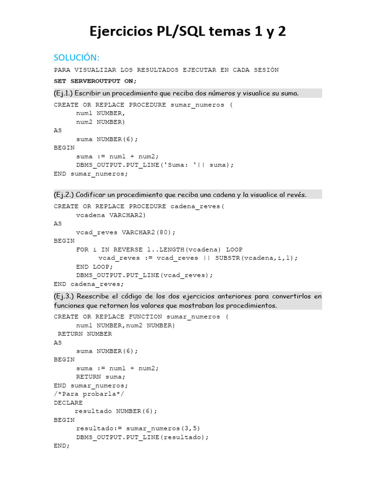 Ejercicios Tema2 PLSQL - SOLUCION | PDF | Pl / Sql | Software de gestión de datos
