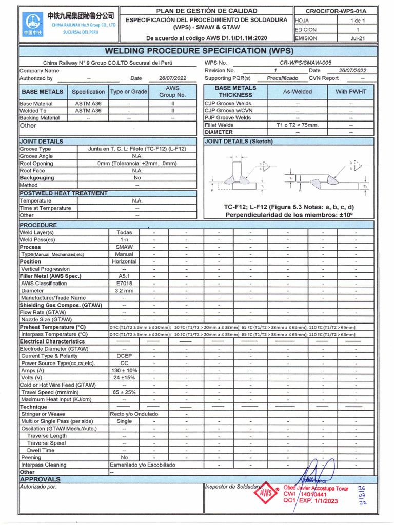 CR-WPS-005 SMAW Filete | PDF