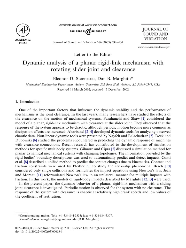 Dynamic Analysis of A Planar Rigid-Link Mechanism With | PDF | Chaos Theory | Physics