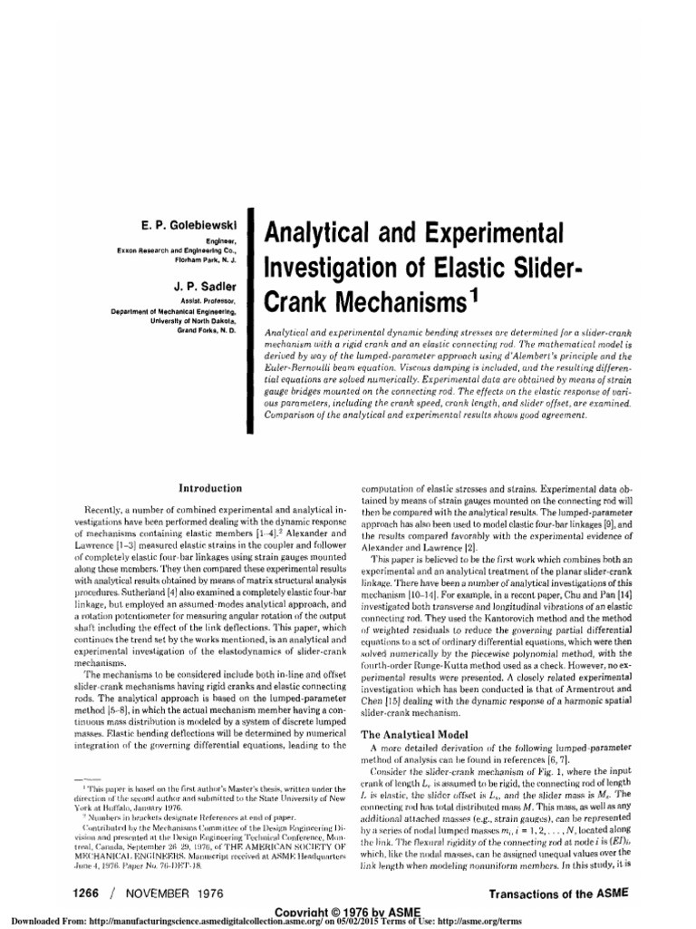 Analytical and Experimental Investigation of Elastic Slider-Crank Mechanisms | PDF | Bending ...