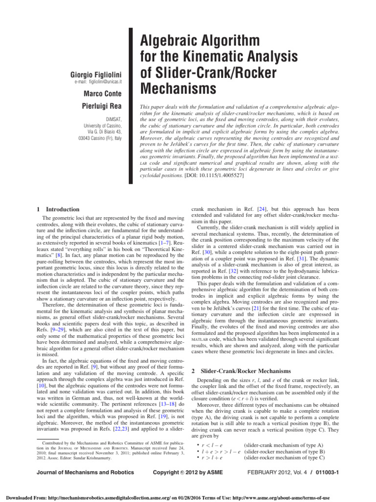 Algebraic Algorithm For The Kinematic Analysis of Slider-CrankRocker Mechanisms | PDF
