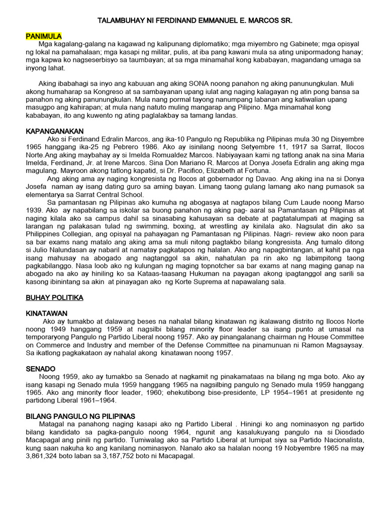 Dear 2 Talambuhay Ni Ferdinand Emmanuel e | PDF