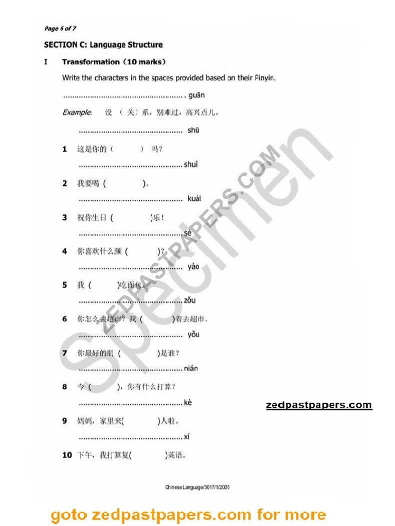 g12 Chinese p1 2020 Specimen | PDF