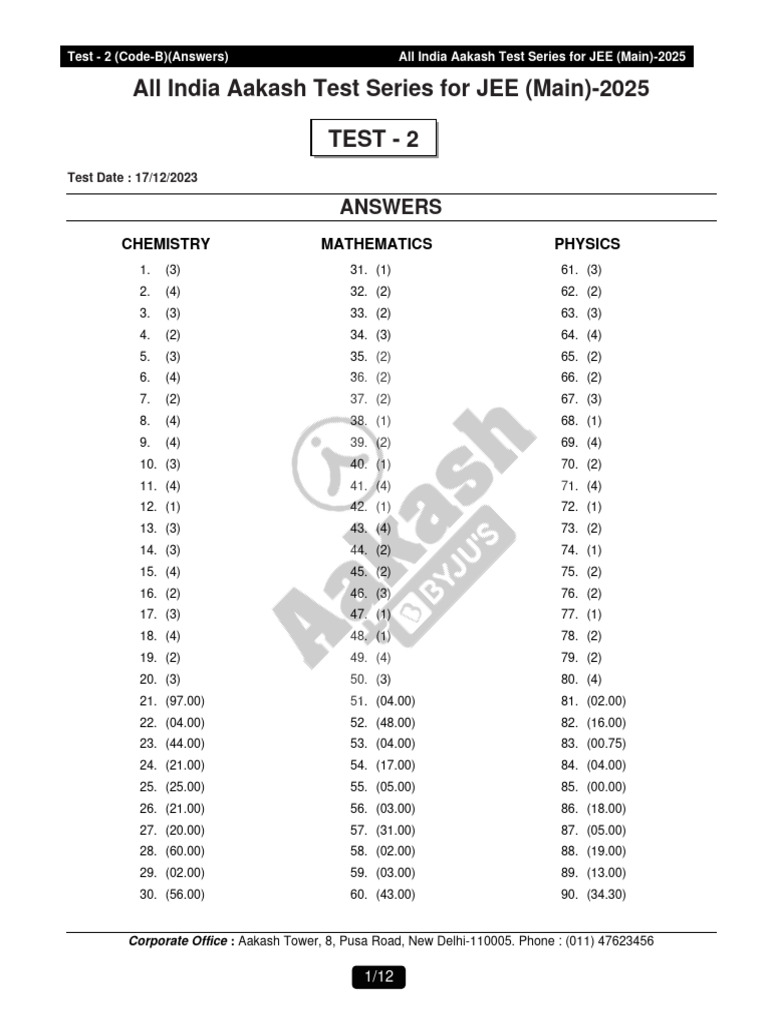 AIATS-2 FS JEE (M) 2025 Code-B) 17-12-2023 Sol | PDF | Euclidean Geometry | Elementary Geometry