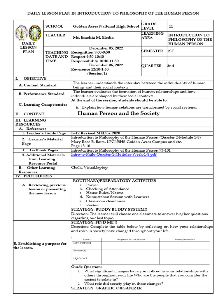 Intro To Philo Week 5 DLP | PDF | Learning | Teachers