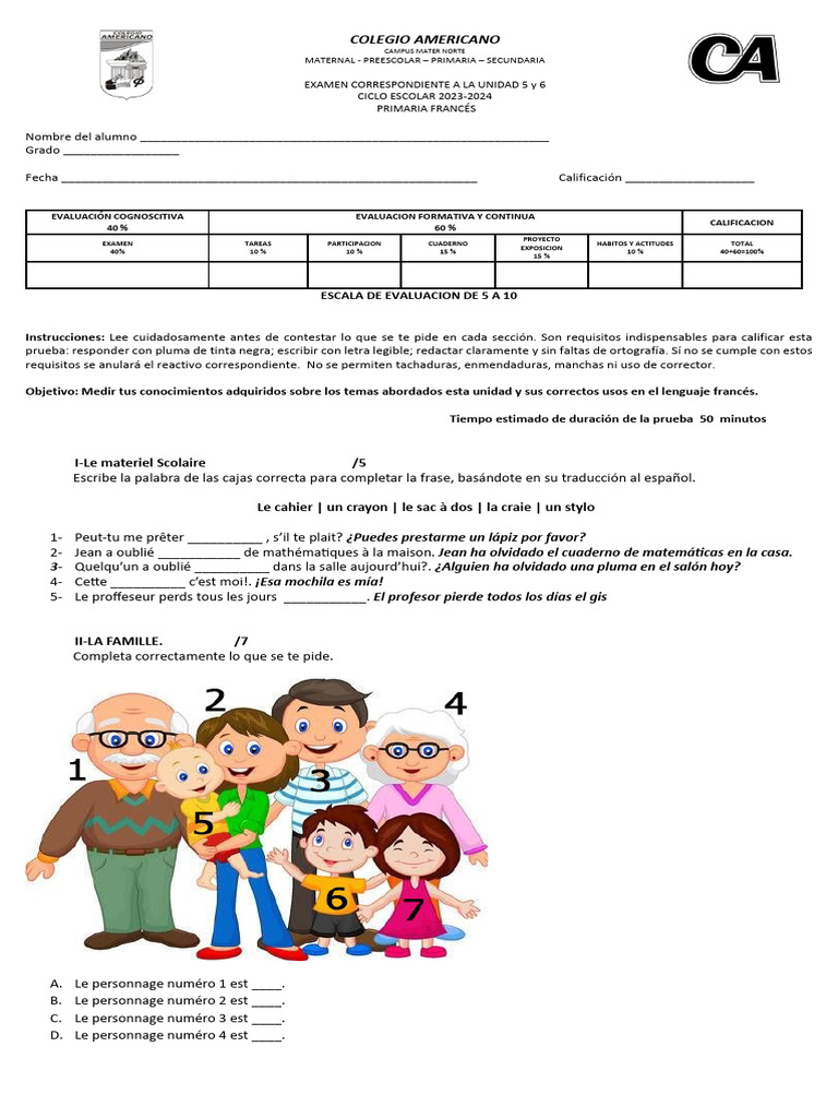 Exam Francés Prim 1 y 2 | PDF
