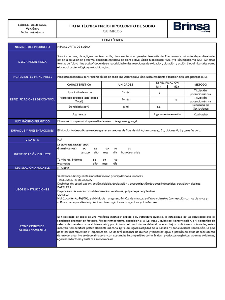 UEQFT0004 FT Hipoclorito de Sodio Al 15 012023 | PDF | Cloro | Hidróxido de sodio