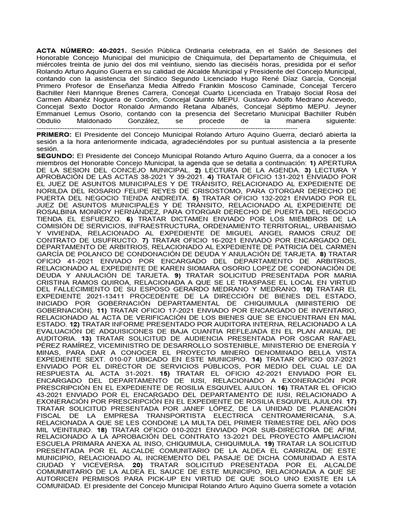 Acta Número 40-2021 Ordinaria 30-06-2021 | PDF | Auditoría | Gobierno local
