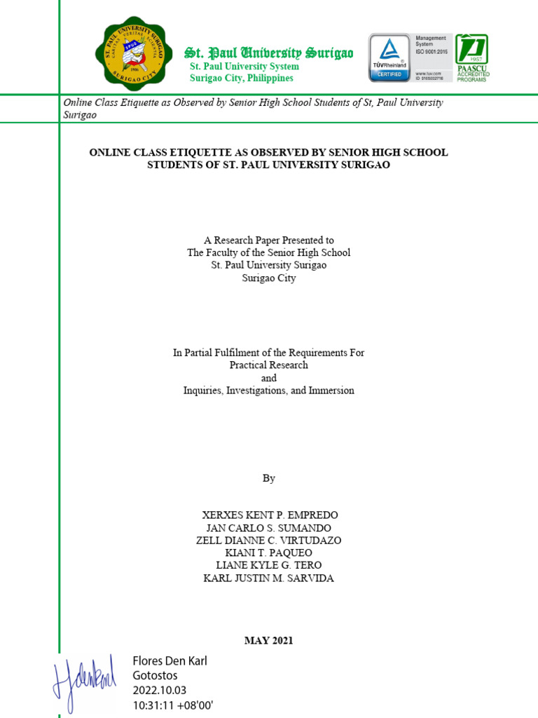 Online Class Etiquette as Observed by Senior High School Students of St. Paul University Surigao ...