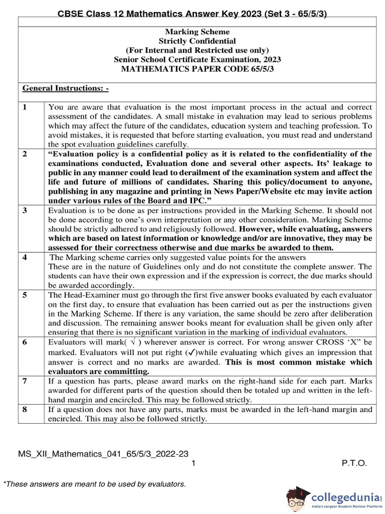 CBSE Class 12 Mathematics Answer Key 2023 Set 3 65-5-3 | PDF