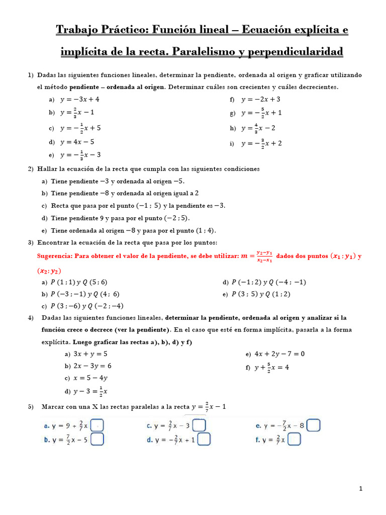 Trabajo Práctico. Función Lineal. Ecuación de La Recta. Paralelismo y Perpendicularidad | PDF ...
