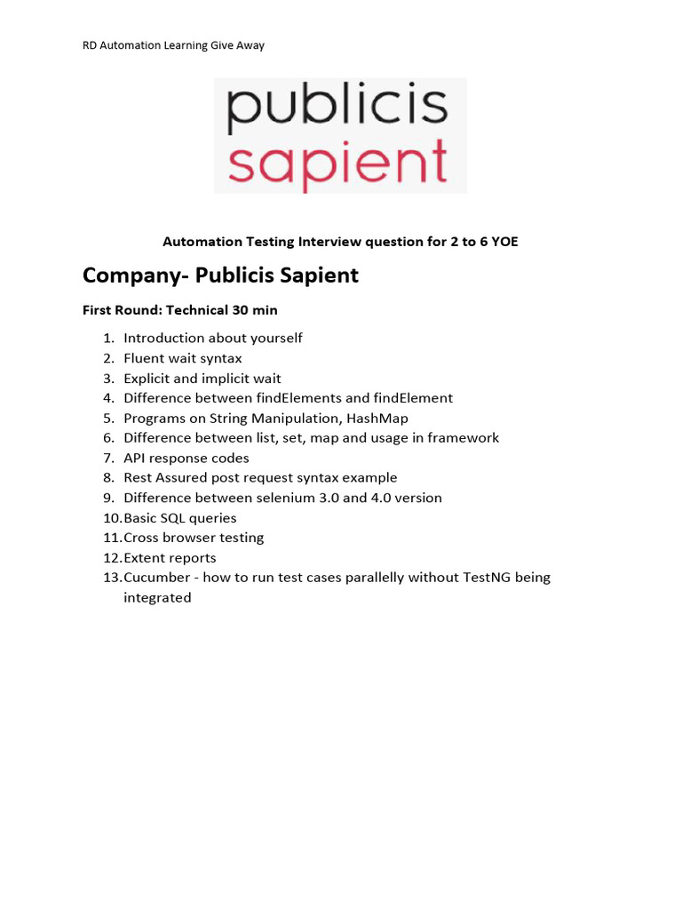 Publicis Sapient Interview Questions PDF | PDF