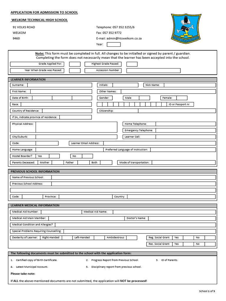 Welkom Technical High School Admission Form | PDF | Payments | Birth ...