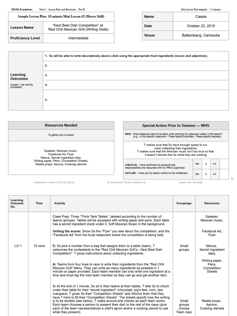 Cooking Competition - Writing Lesson - Sample Lesson Plan - GOOGLE ...