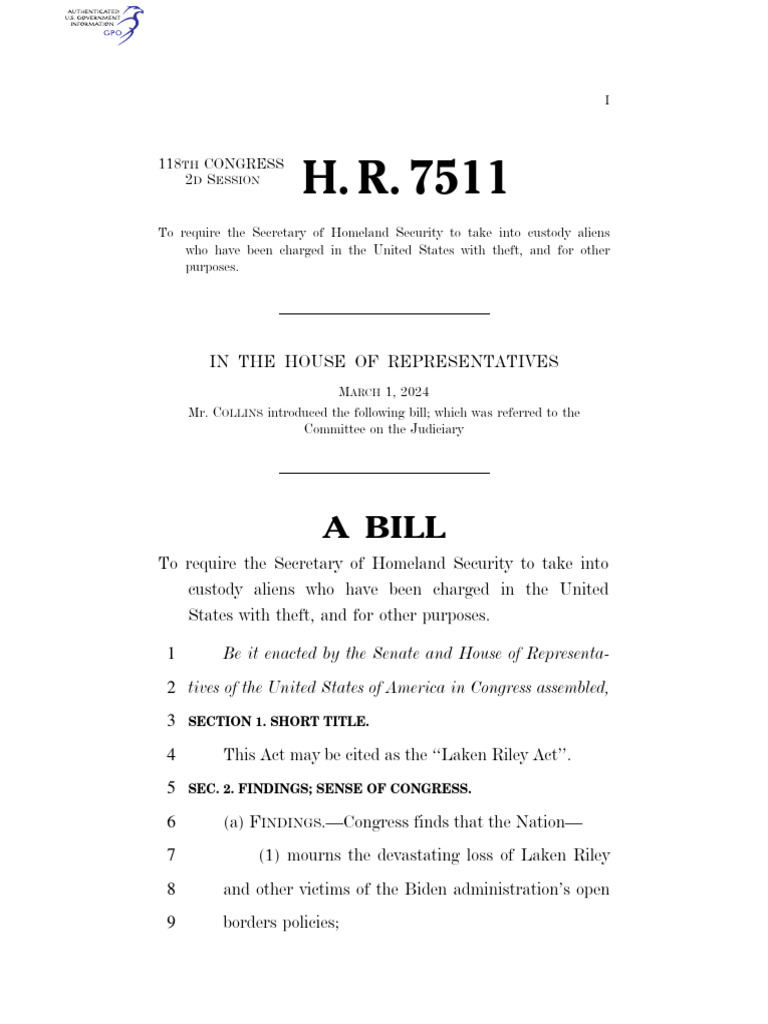 H.R. 7511, Laken Riley Act | PDF | Burglary | Detention (Imprisonment)