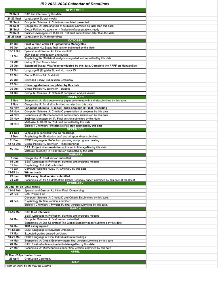 IB 1 2 Calendar of Deadlines 2023-24.Xlsx - Ib2 | PDF | Science