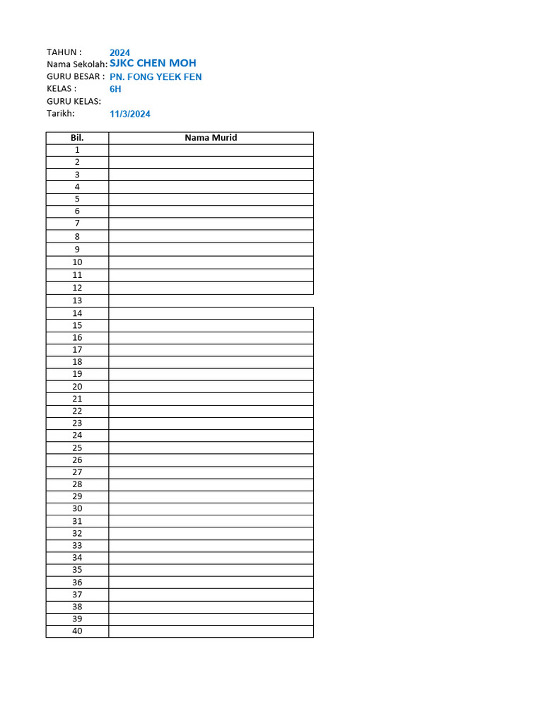 SJKC Chen Moh: Bil. Nama Murid | PDF