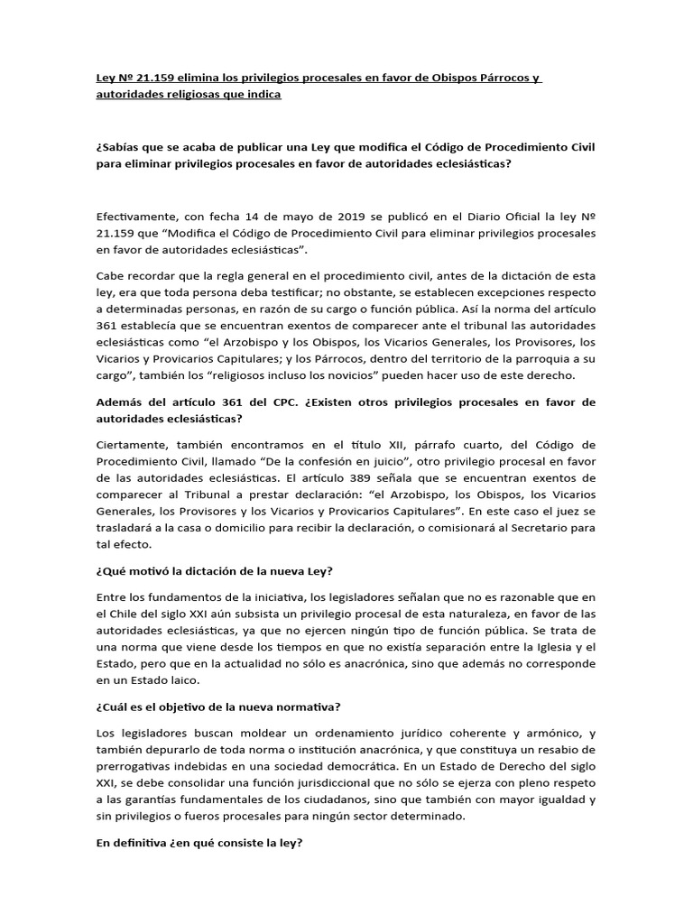 Fin de privilegios procesales eclesiásticos | PDF | Procedimiento Civil ...