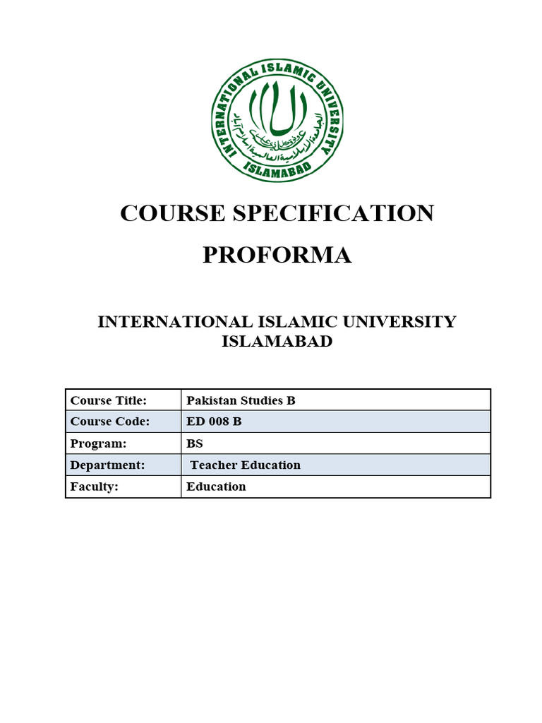 Course Specifications of Pakistan Studies B | PDF