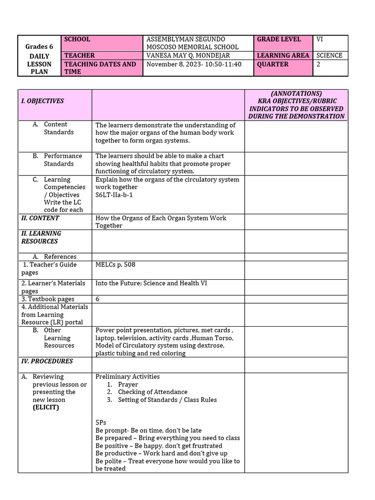 Cot - Lesson Plan Demo - 2nd Quarter | PDF | Human Body | Cognition