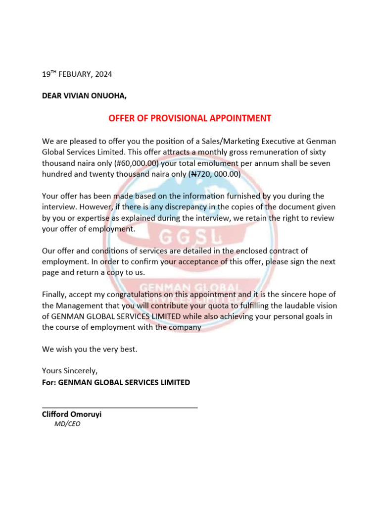 Vivian Onuoha Offer Letter | PDF | Employment | Sales