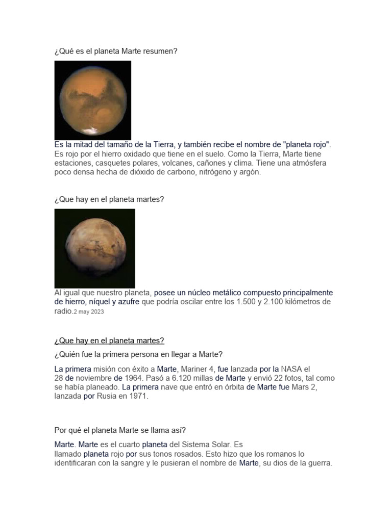 Qué es el planeta Marte resumen | PDF