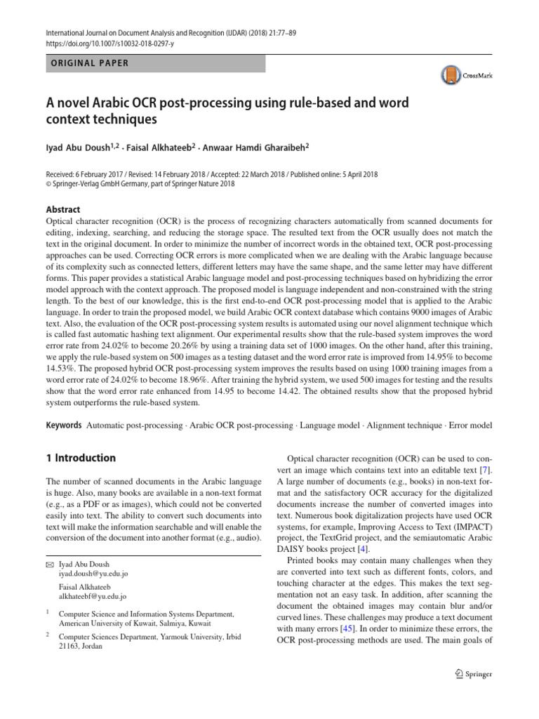 A Novel Arabic OCR Post Processing Using | PDF | Optical Character Recognition | Computing
