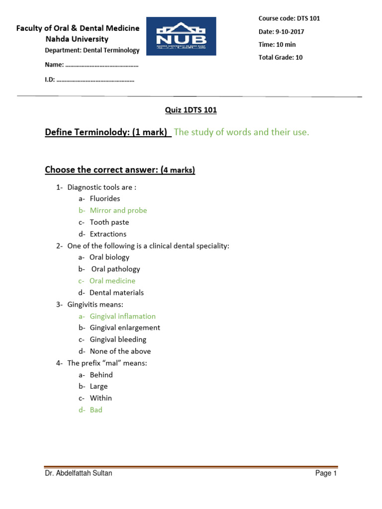 Quiz 1DTS 101 - Model Answers - PDF - 109803 | PDF | Dentistry | Periodontology