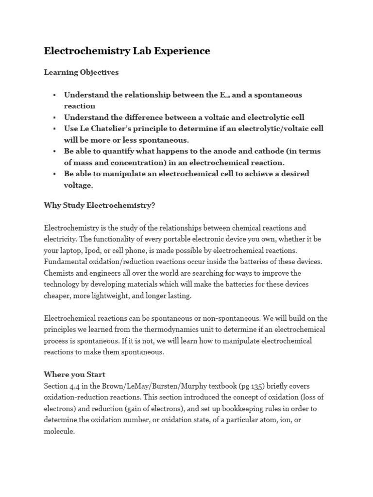 Electrochemistry Lab Experience | PDF | Electrochemistry | Redox