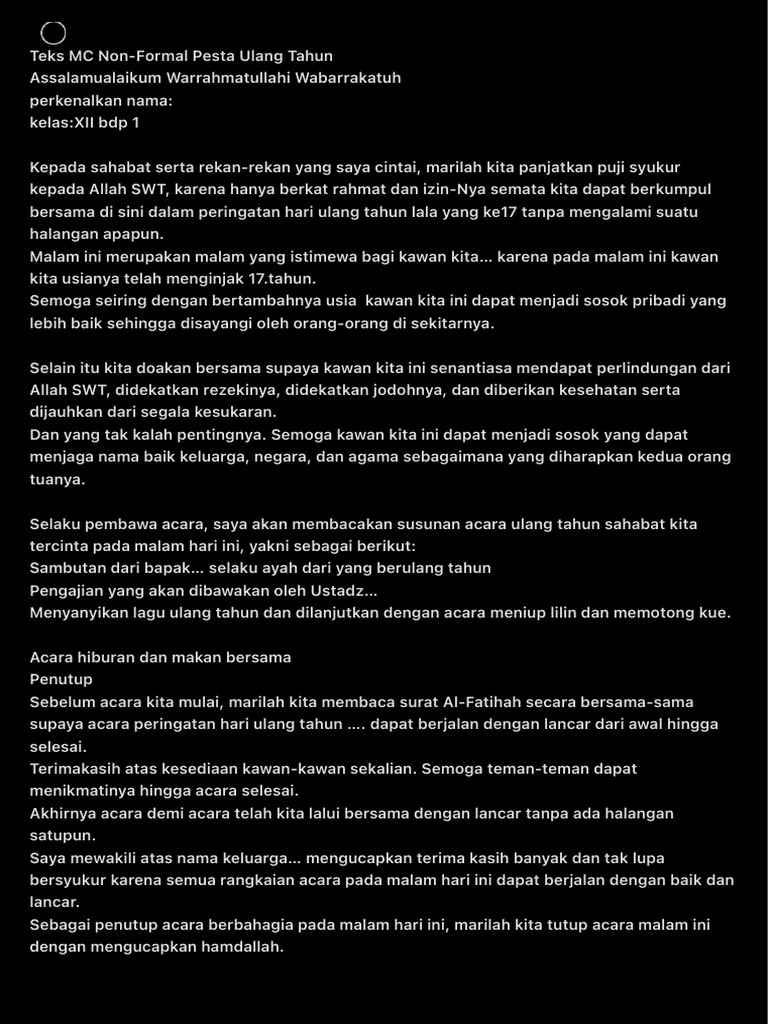 Teks MC Non-Formal Pesta Ulang Tahun | PDF