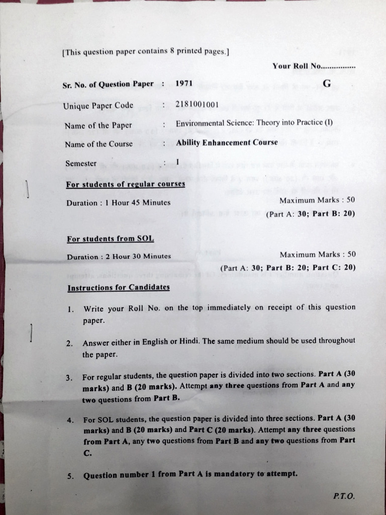 EVS QPaper Sem I Jan 2024 | PDF | Ecosystem | Environmental Issues