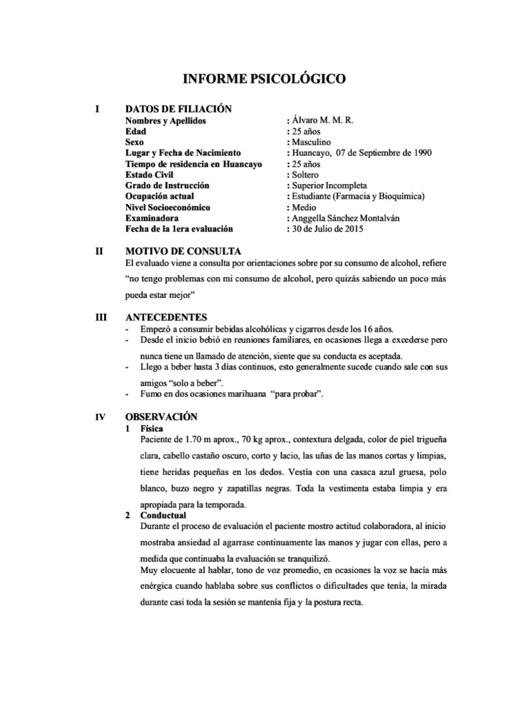 PDF Informe Psicologico Alvaro Consumo de Alcohol - Compress | PDF
