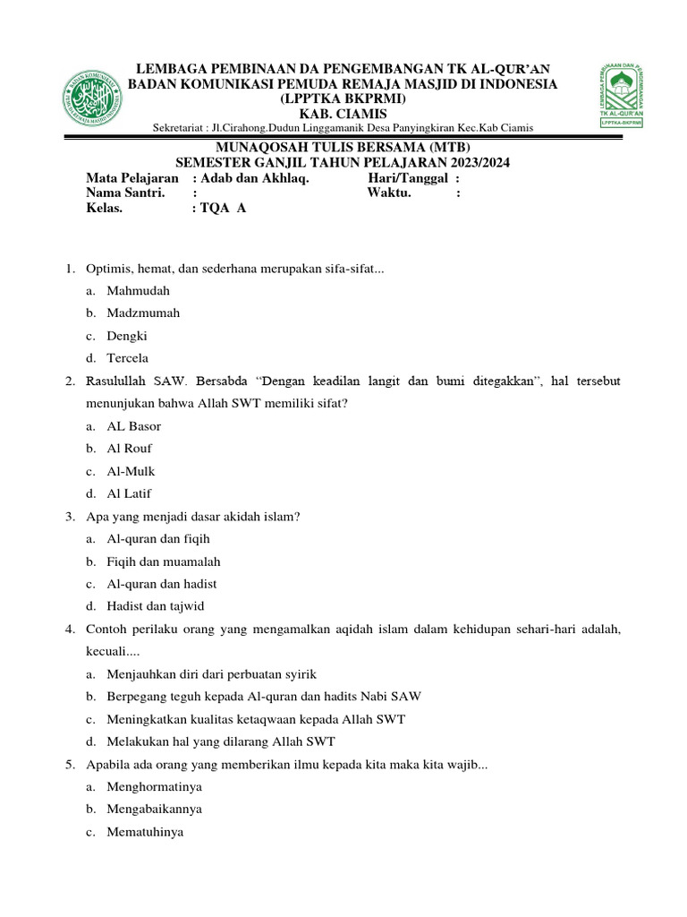 Munaqosah Tulis Adab dan Akhlaq 2023/2024 | PDF