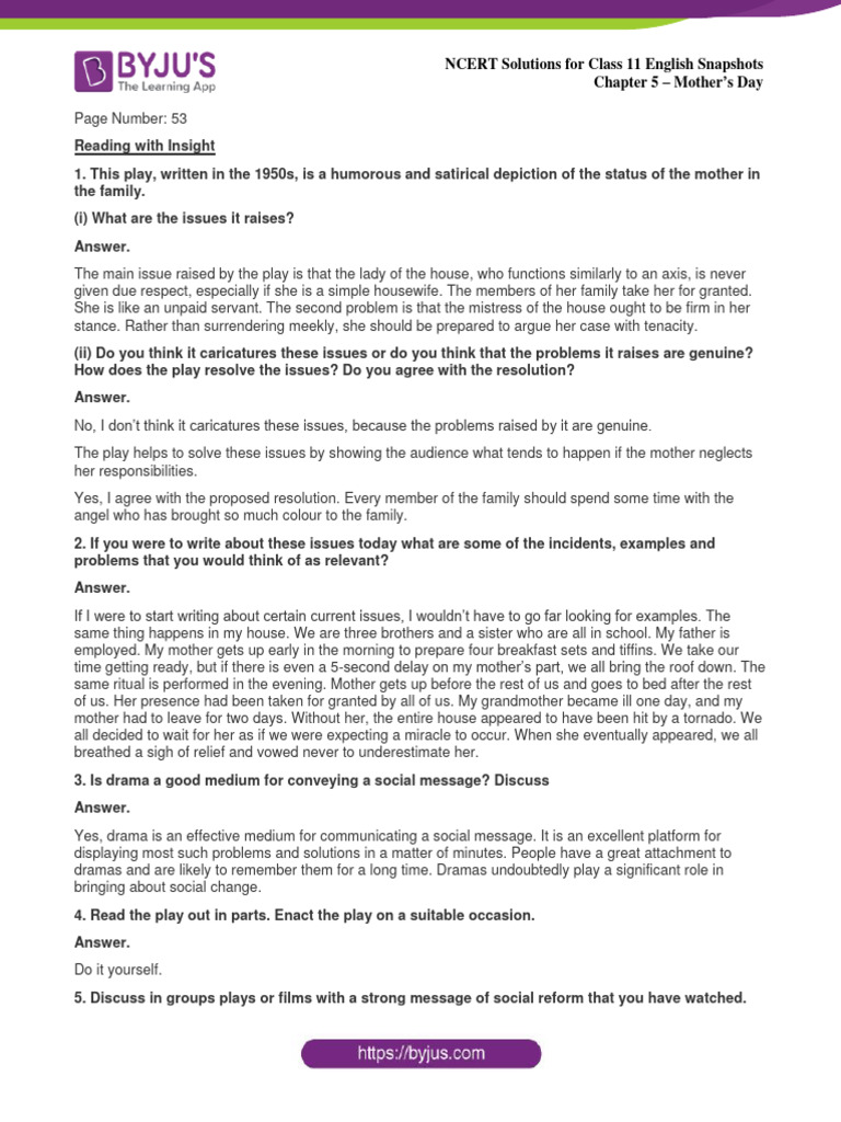 NCERT Solutions For Class 11 English Snapshots Chapter 5 Mothers Day | PDF