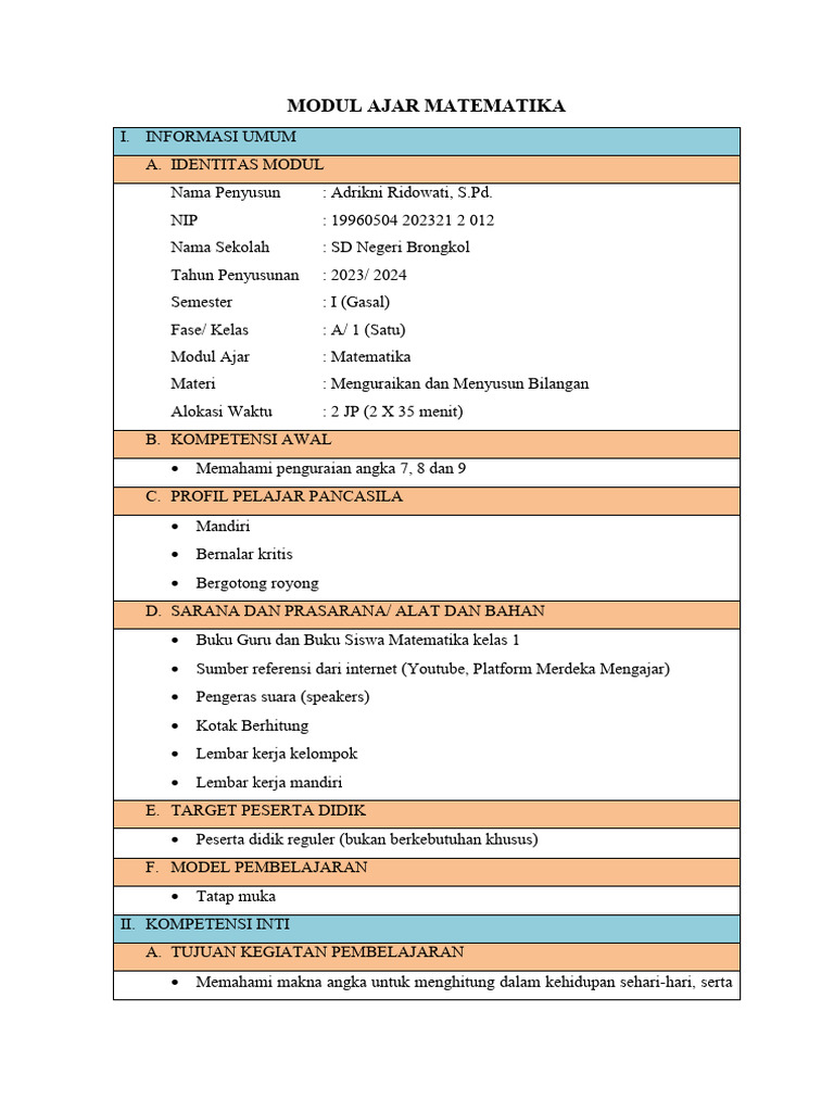 Kelas 1 - Modul Ajar Matematika - Bab 2 - Bilangan | PDF