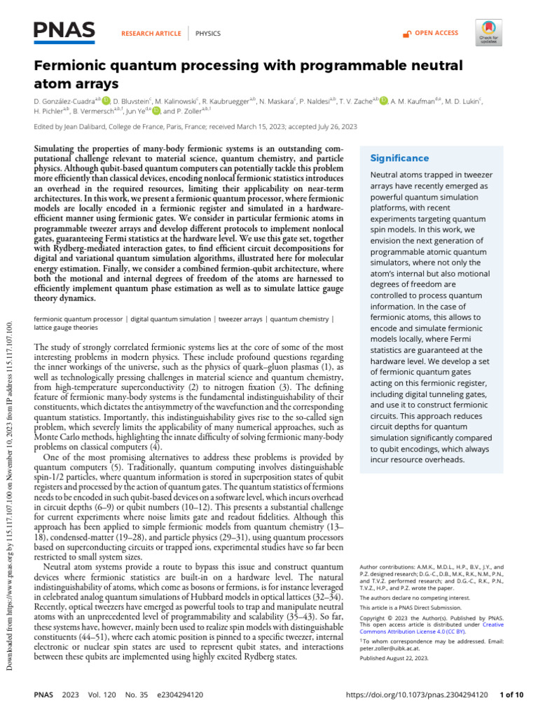 González Cuadra Et Al 2023 Fermionic Quantum Processing With Programmable Neutral Atom Arrays ...