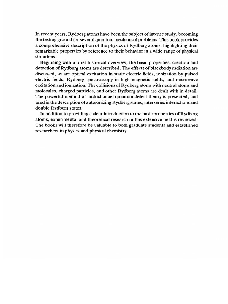 Rydberg Atoms (Cambridge Monographs On Atomic, Molecular and Chemical ...