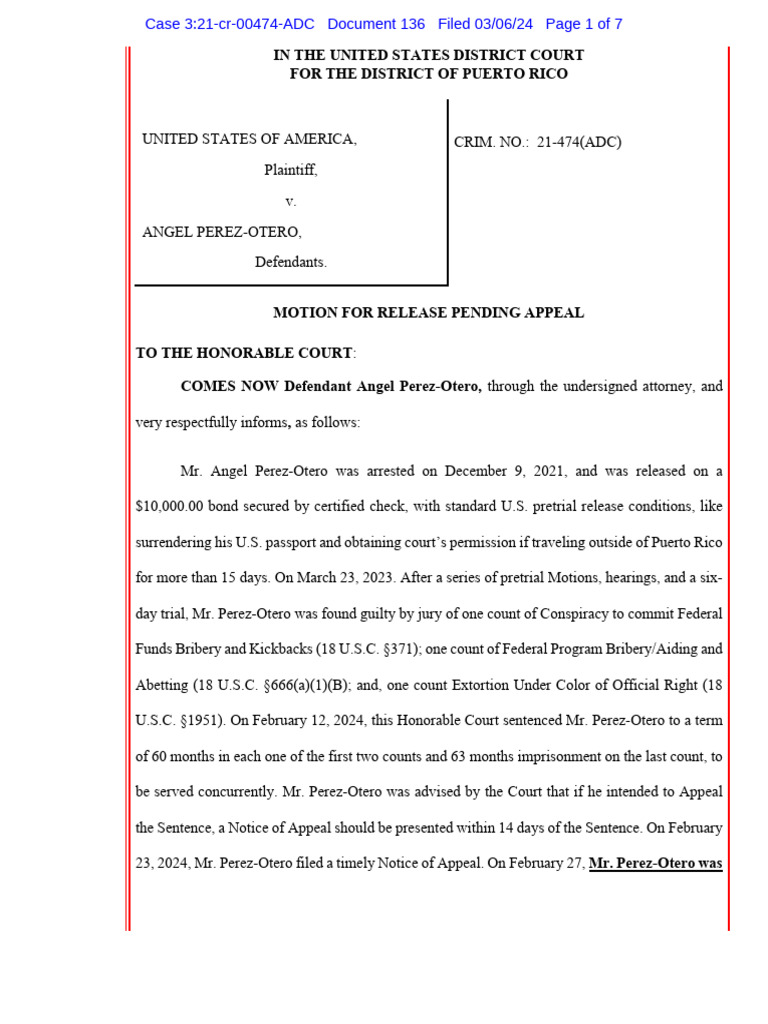 Moción en Caso Contra Ángel Pérez | PDF | Bail | Burden Of Proof (Law)