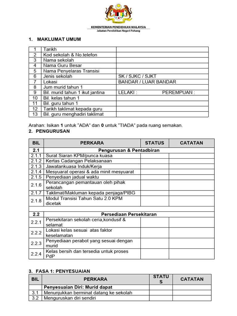 Instrumen Program Transisi Tahun 1 2024 | PDF