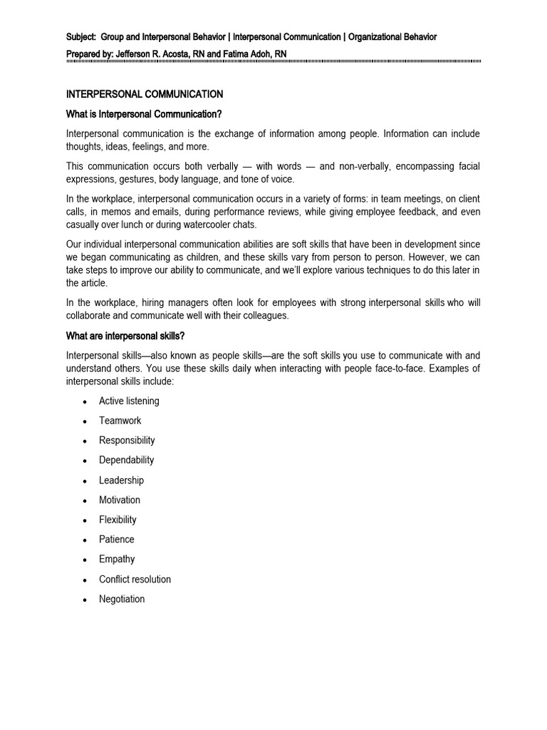 Interpersonal Communication ( | PDF | Communication | Interpersonal ...